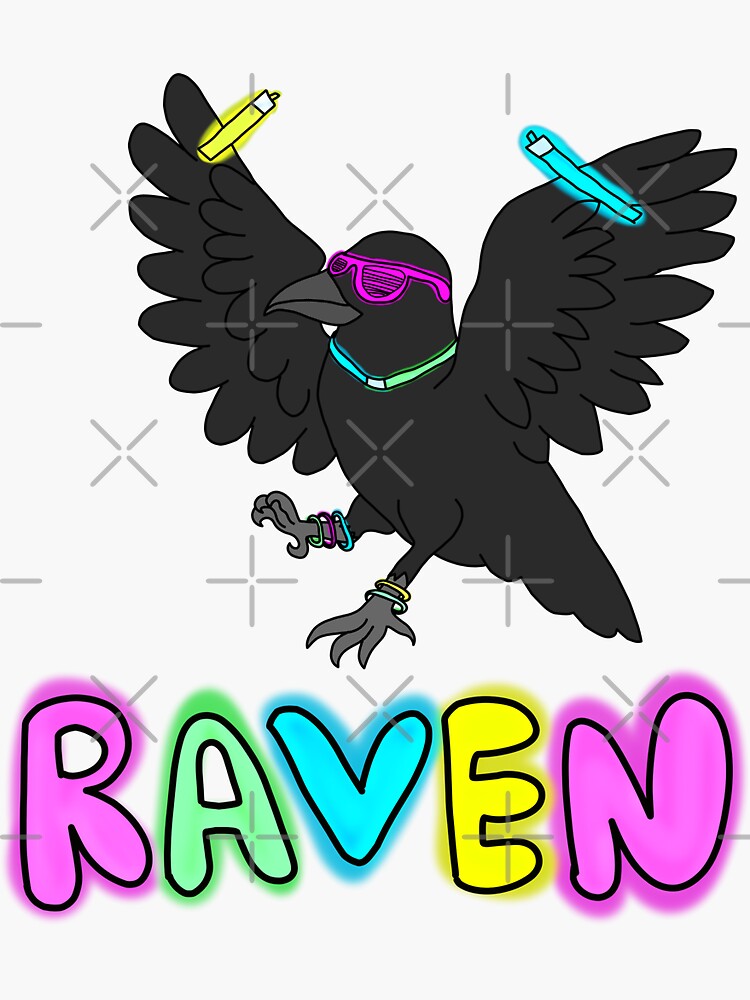 "RAVE-n Rave Raven animal glow sticks and Shutter Shades" Sticker for ...