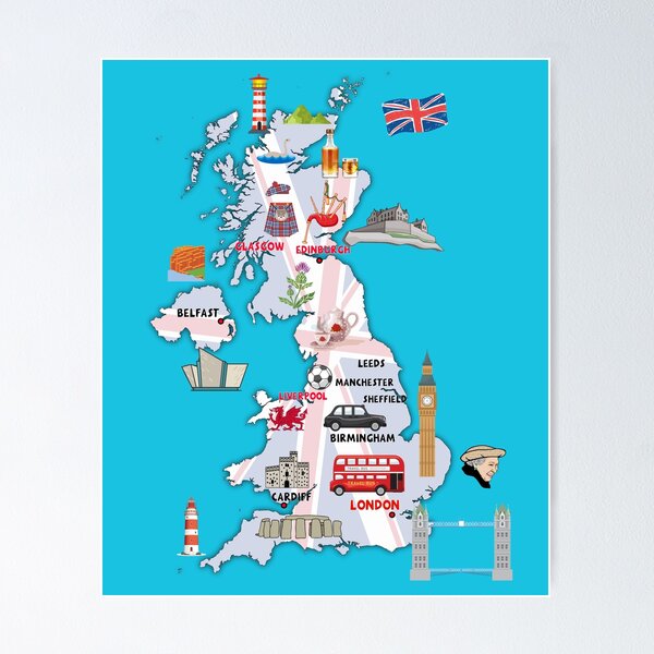 "FLAG MAP OF UNITED KINGDOM ILLUSTRATED UK MAP SHOWING THE TOP ...