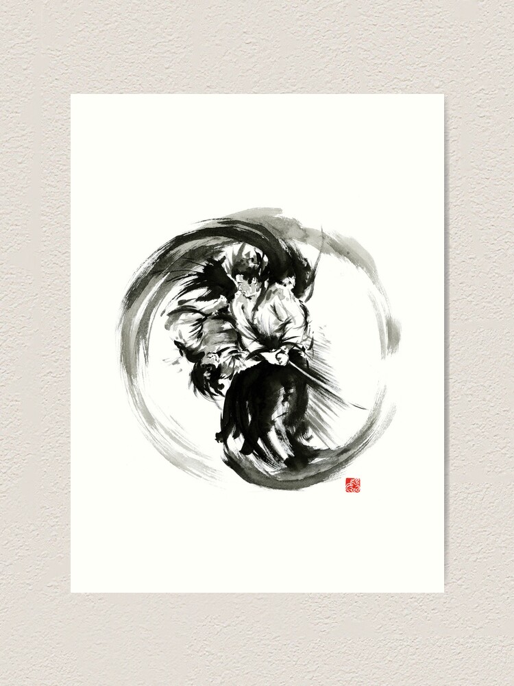 "Aikido techniques martial arts sumi-e black white round circle design ...
