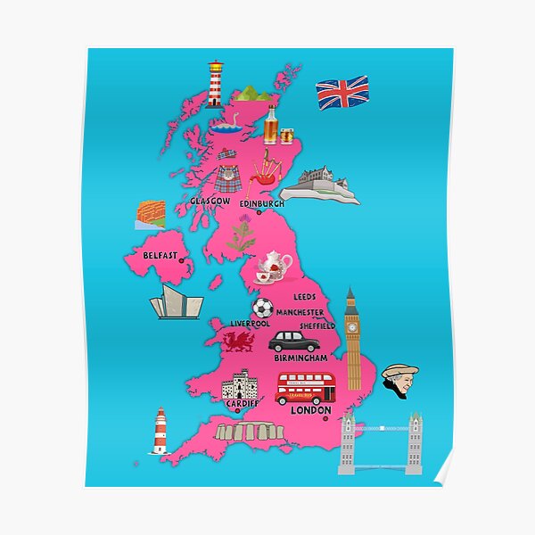 "United Kingdom map illustrated map of UK showing the top attractions ...