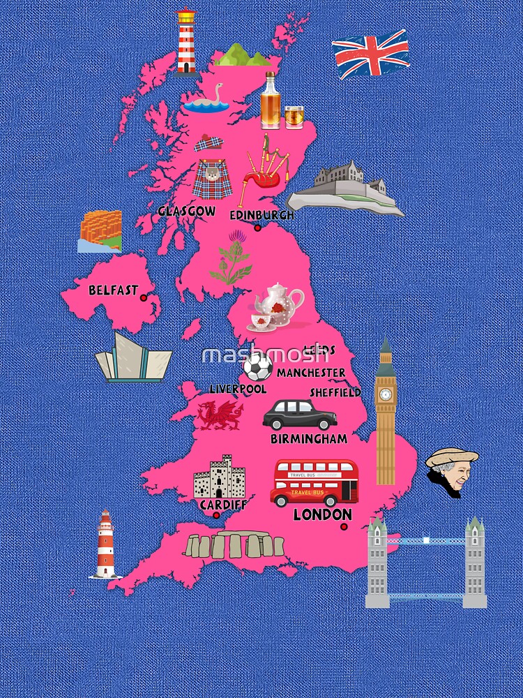 "United Kingdom map illustrated map of UK showing the top attractions ...