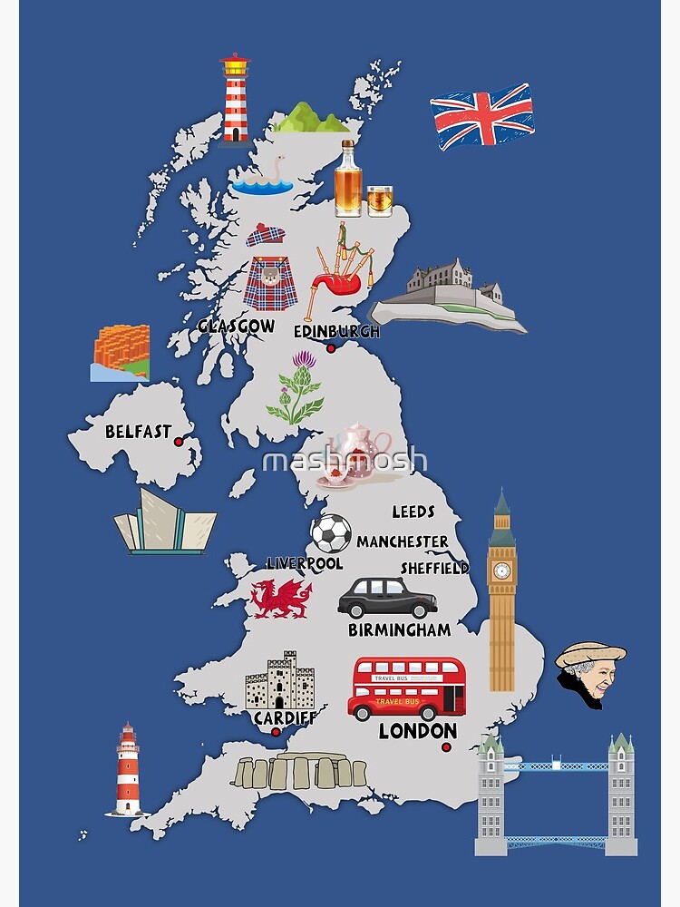 "UK map illustrated map of United Kingdom showing the top attractions ...