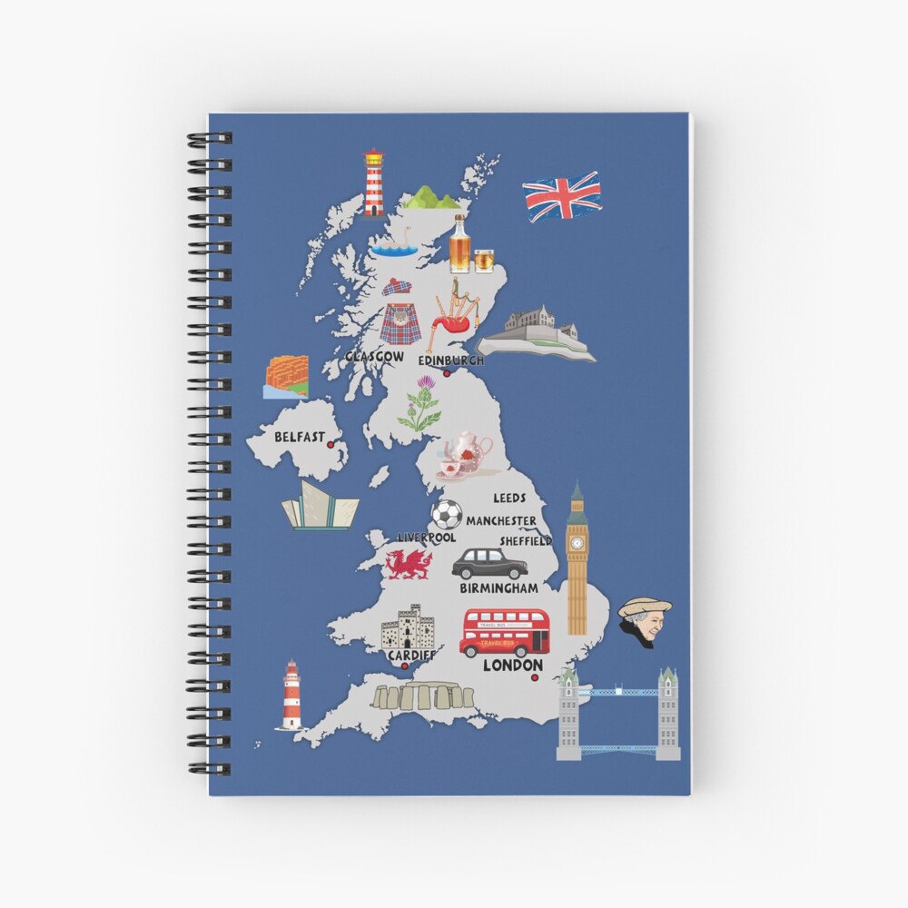 "UK map illustrated map of United Kingdom showing the top attractions ...