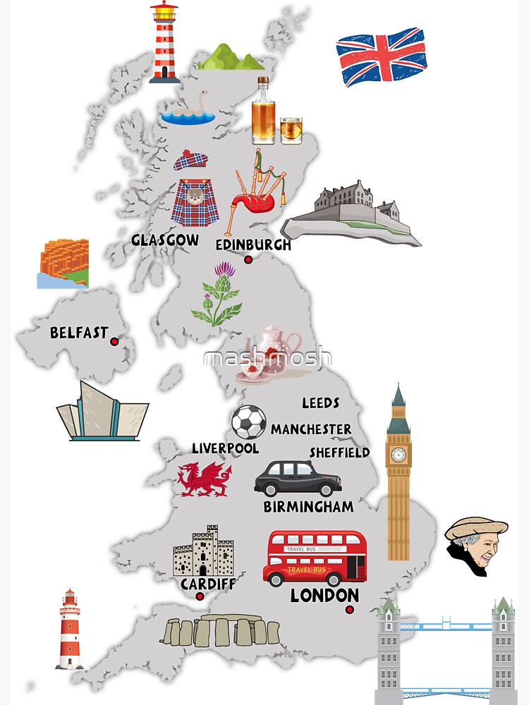"UK map illustrated map of United Kingdom showing the top attractions ...