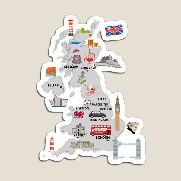 "UK map illustrated map of United Kingdom showing the top attractions ...