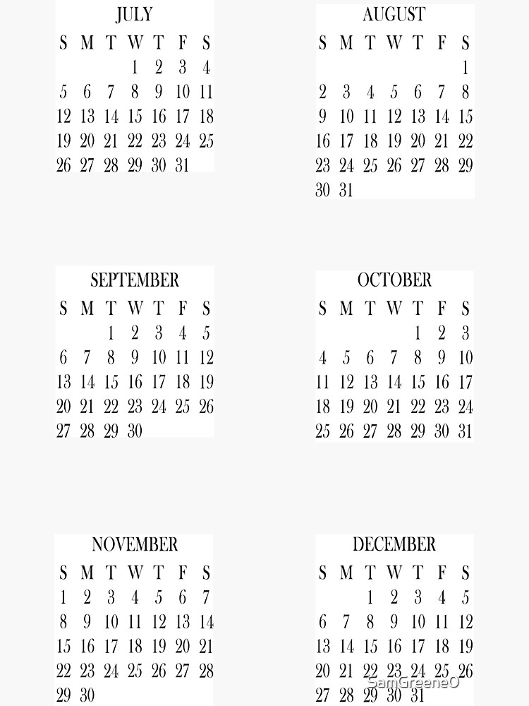 "July to December 2020 Calendar Sticker Sheet " Sticker for Sale by ...