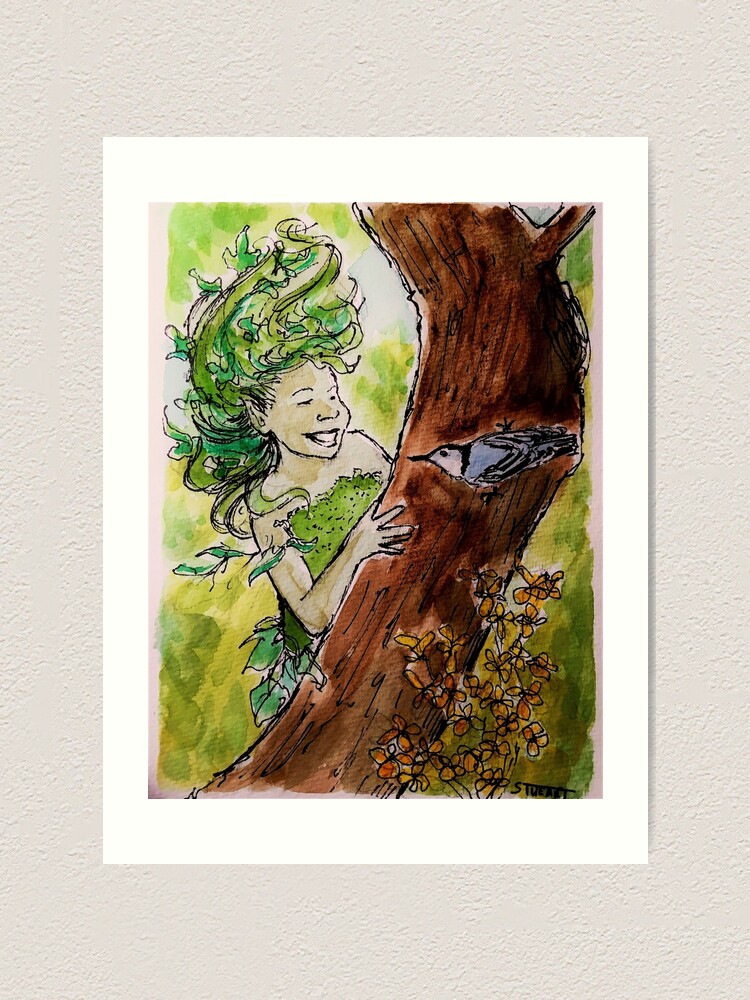 "Dryad Playing Hide-and-Seek with a Nuthatch" Art Print by Bearnabas ...
