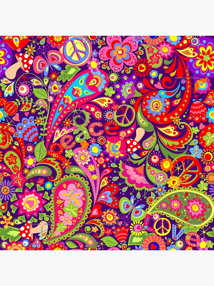 "Paisley Peace Sign Psychedelic Flowers Mushrooms Disco Retro 70s 80s ...