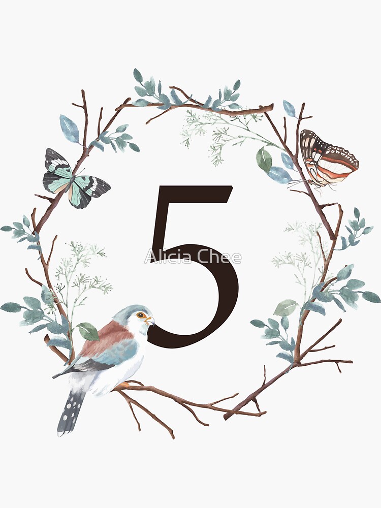 "Monogram Number Five in a Wooden Butterfly Bird Wreath Frame" Sticker ...