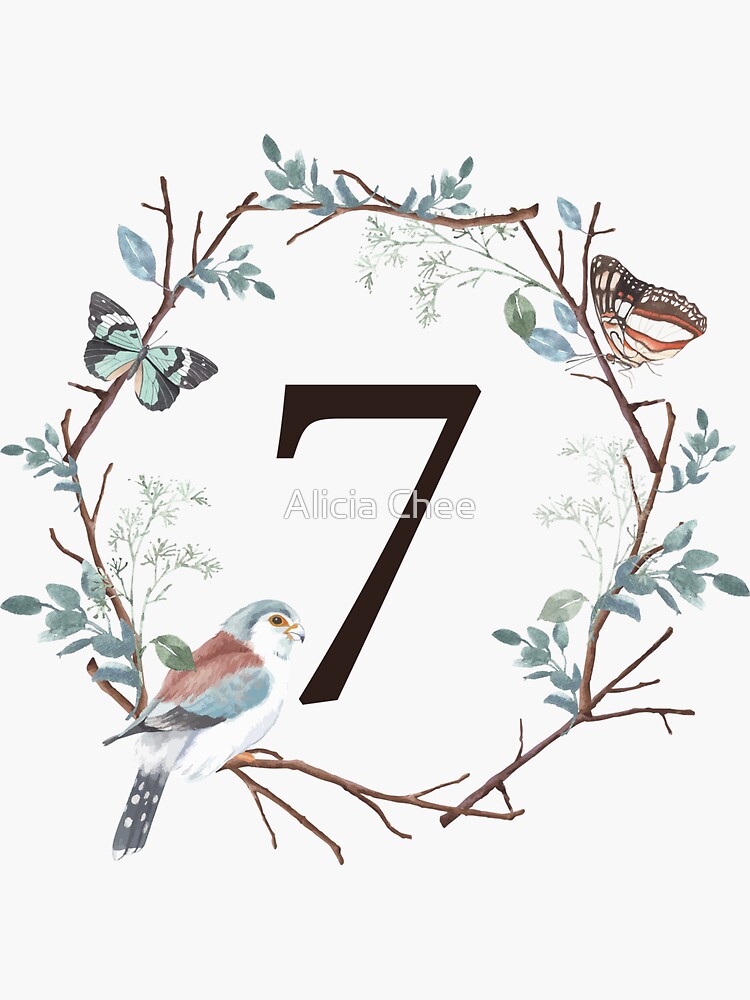 "Monogram Number Seven in a Wooden Butterfly Bird Wreath Frame" Sticker ...