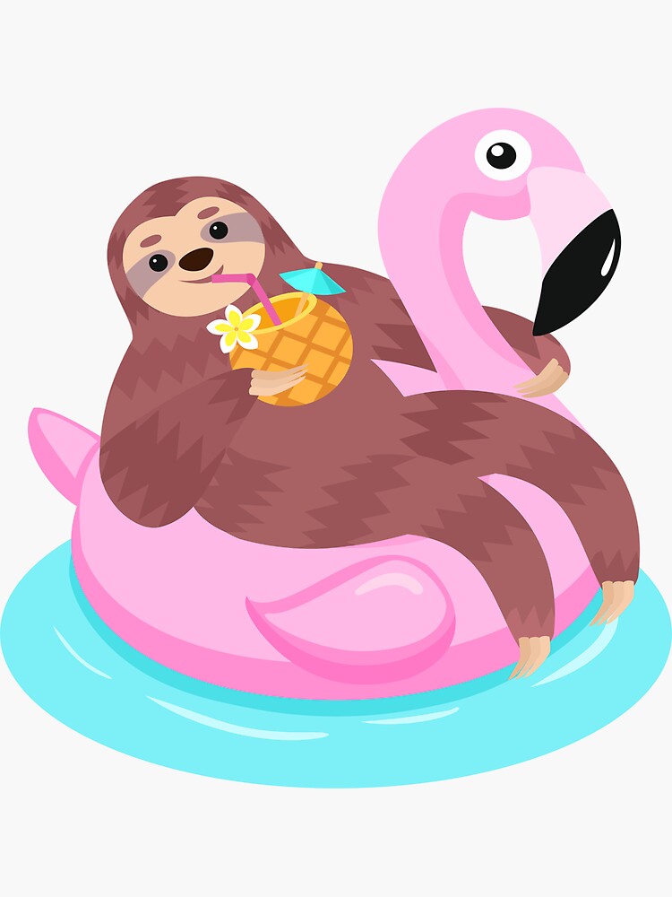 "Sloth Relaxing on a Pink Flamingo Pool Float Graphic print" Sticker ...