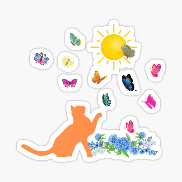 "Cat Catching Butterflies" Sticker for Sale by designlee | Redbubble