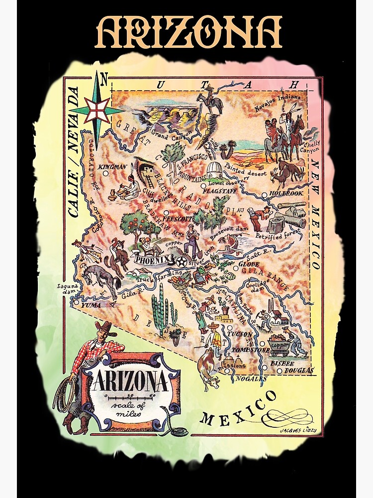"Retro Arizona Tourist Map,1940s Pictorial State Map " Art Print for ...
