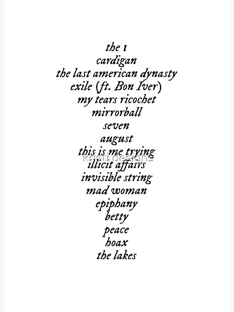 "folklore tracklist " Art Board Print for Sale by kristi designs ...