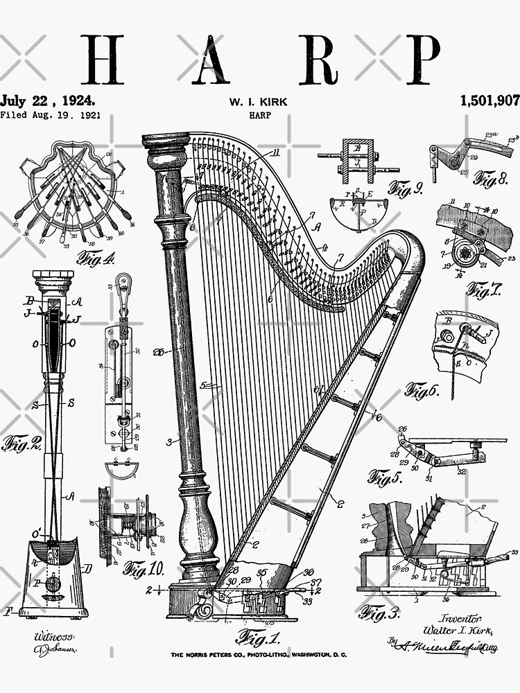 "Harp Vintage Patent Harpist Drawing Print" Sticker for Sale by ...