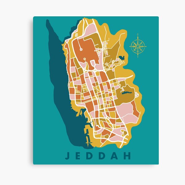 "Artistic map of Jeddah, Saudi Arabia in yellow, teal, blue and pink ...