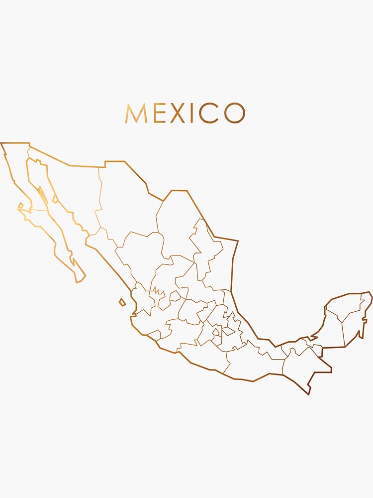 "Mexico Gold Outline Map with State Boundaries" Sticker by Travel2NZ ...