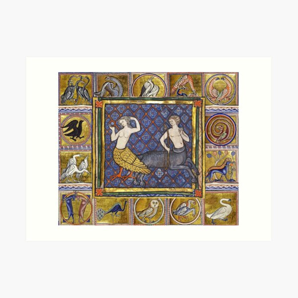 "MEDIEVAL BESTIARY,HARPY AND CENTAUR, FANTASTIC ANIMALS IN GOLD RED ...