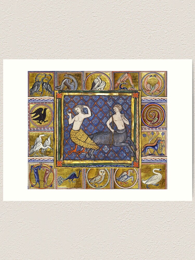 "MEDIEVAL BESTIARY,HARPY AND CENTAUR, FANTASTIC ANIMALS IN GOLD RED ...