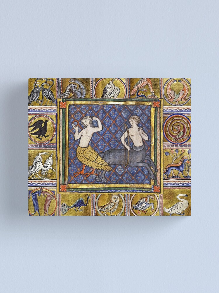 "MEDIEVAL BESTIARY,HARPY AND CENTAUR, FANTASTIC ANIMALS IN GOLD RED ...