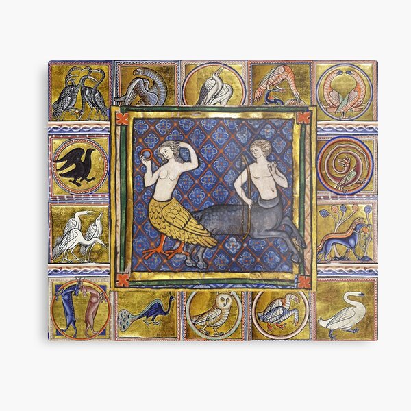 "MEDIEVAL BESTIARY,HARPY AND CENTAUR, FANTASTIC ANIMALS IN GOLD RED ...