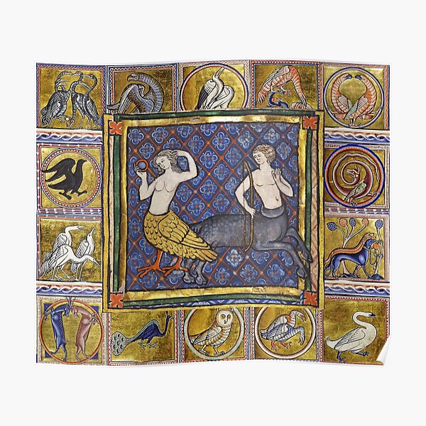 "MEDIEVAL BESTIARY,HARPY AND CENTAUR, FANTASTIC ANIMALS IN GOLD RED ...