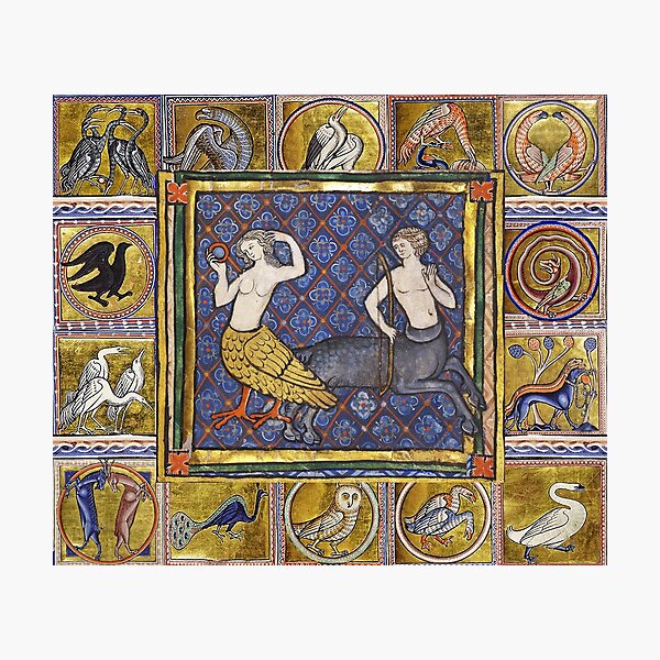 "MEDIEVAL BESTIARY,HARPY AND CENTAUR, FANTASTIC ANIMALS IN GOLD RED ...
