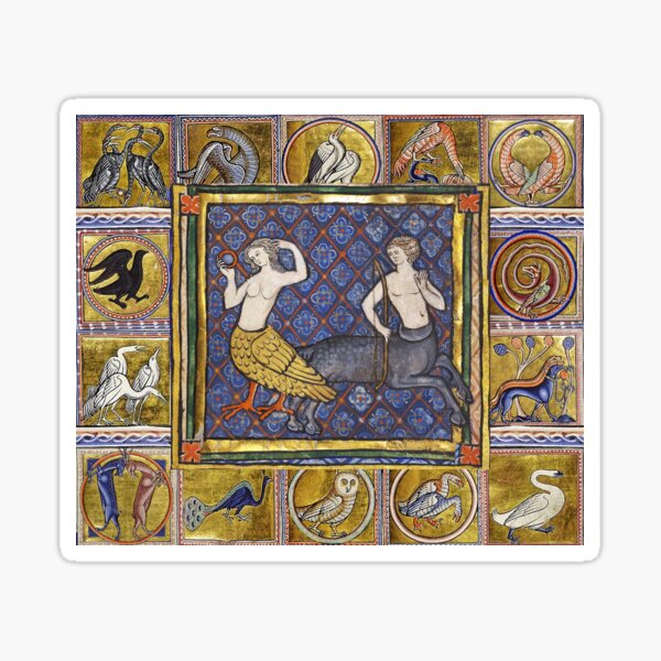 "MEDIEVAL BESTIARY,HARPY AND CENTAUR, FANTASTIC ANIMALS IN GOLD RED ...