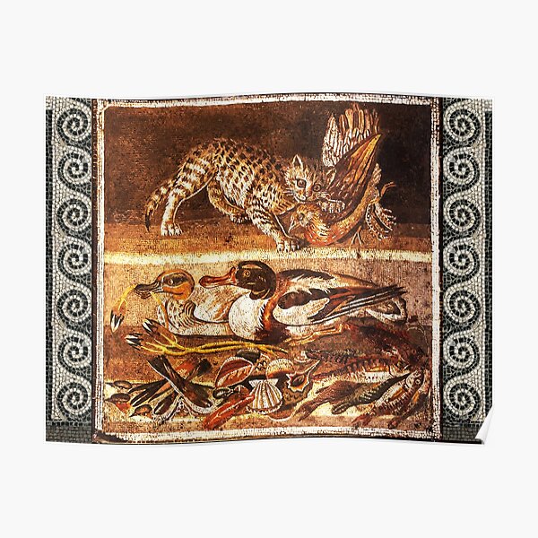 "POMPEII ANIMALS COLLECTION, ANTIQUE ROMAN MOSAICS ,WILD CAT WITH QUAIL ...