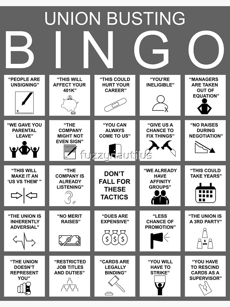 "Union Busting Bingo Card" Sticker for Sale by fuzzynautilus | Redbubble