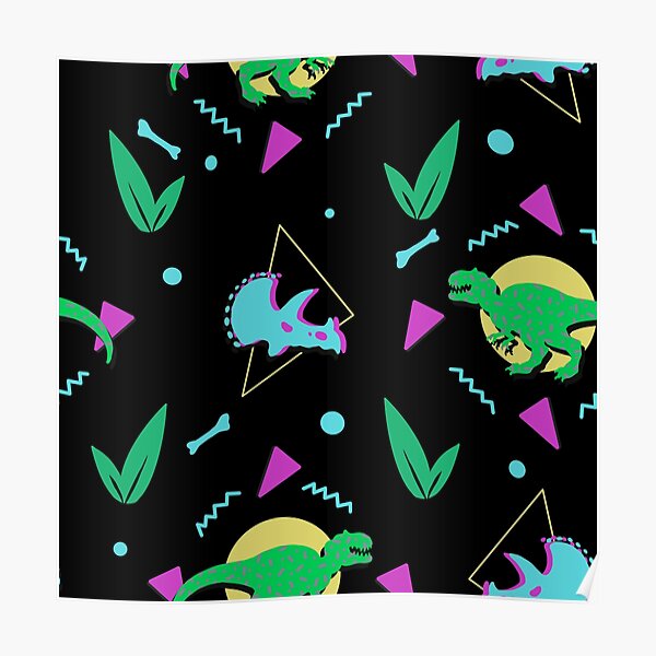 "Neon Nineties - Dinosaur Pattern - On Black" Poster by tanimator ...