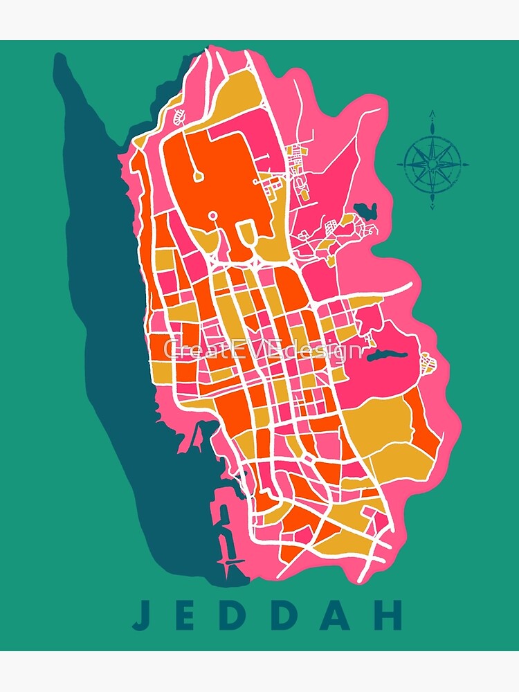 Artistic map of Jeddah, Saudi Arabia in yellow, teal, blue and pink ...