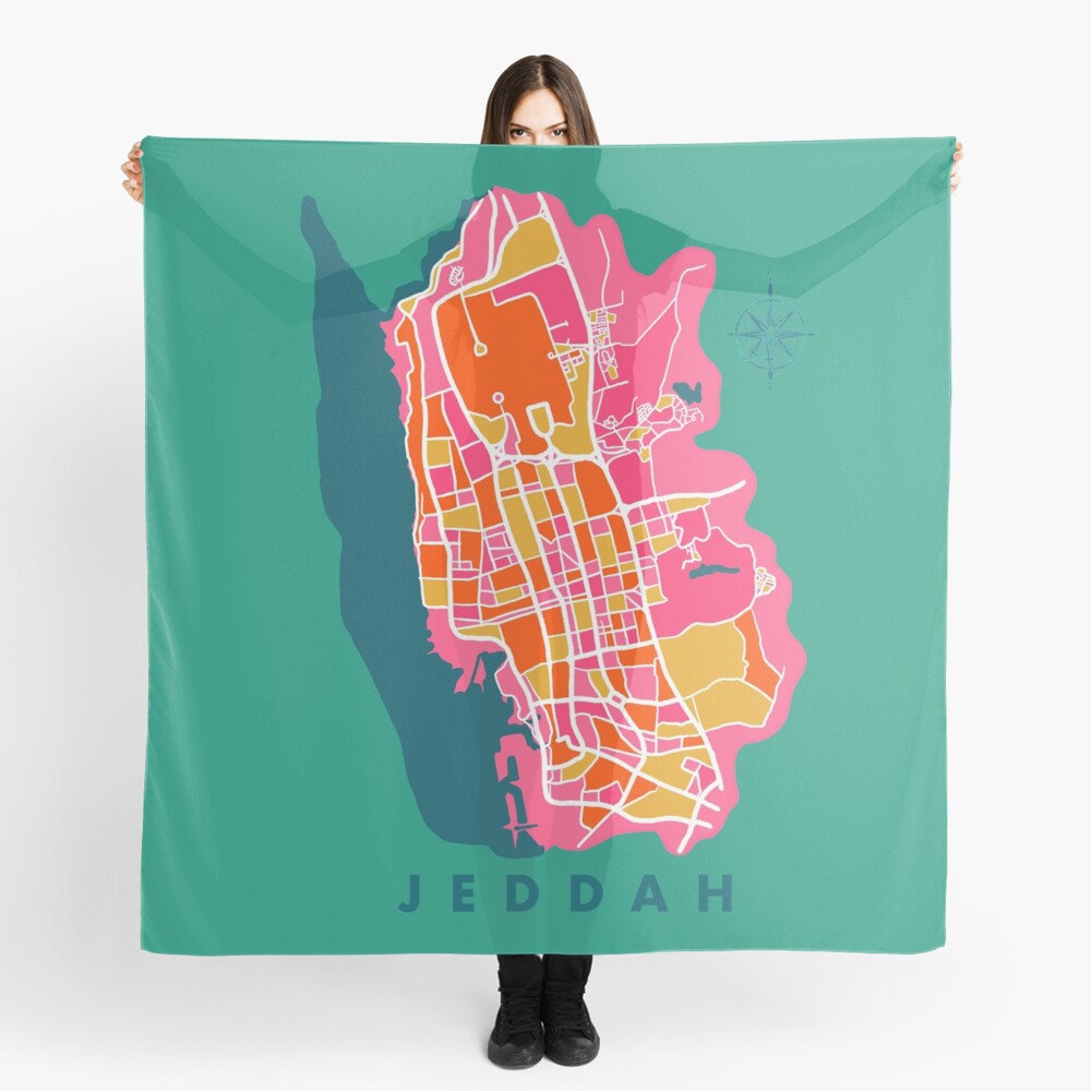 "Artistic map of Jeddah, Saudi Arabia in yellow, teal, blue and pink ...