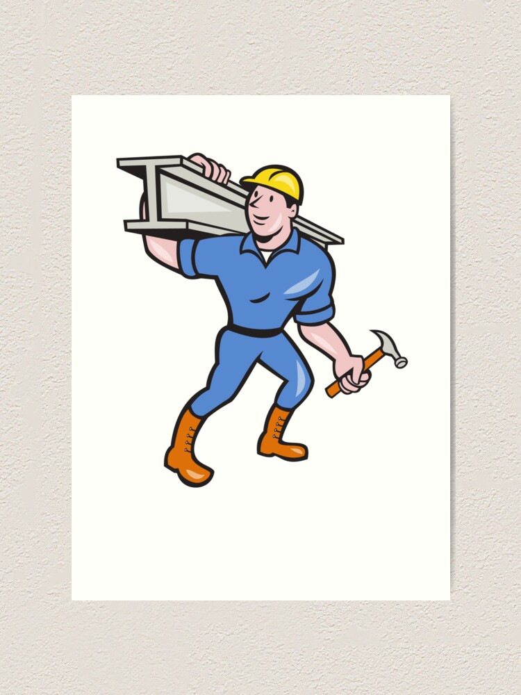"Construction Steel Worker Carry I-Beam Cartoon" Art Print by ...