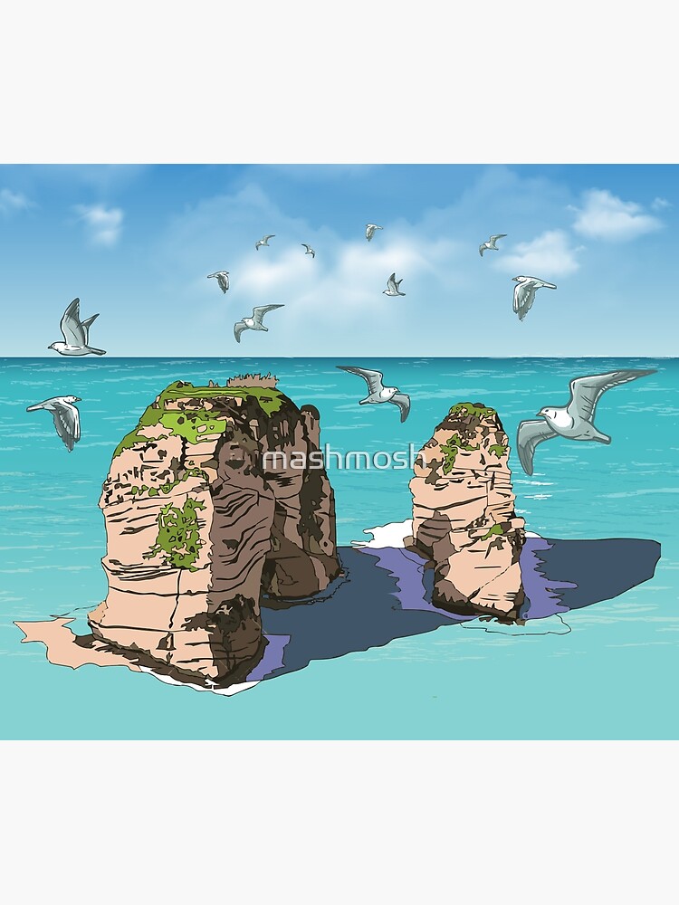 "Raouche rocks Beirut, Lebanon.Blue background with seagulls صخرة ...