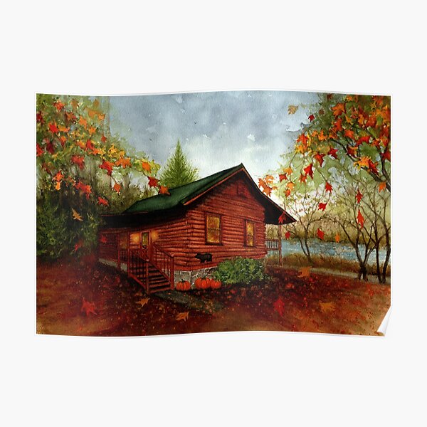 "Log Cabin Lake Lodge Blue Ridge Mountains " Poster by JanineRileyArt ...