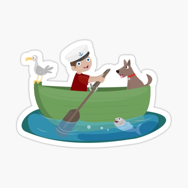 "Cute boy sailor and dog rowing boat cartoon" Sticker by FrogFactory ...