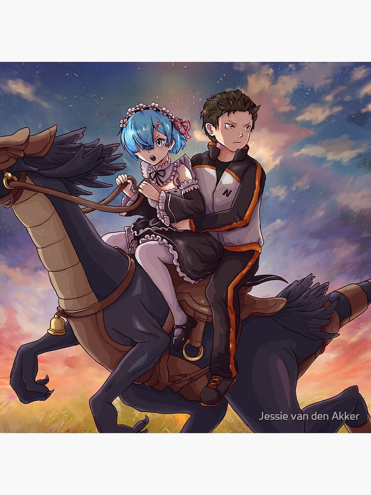 "Re:Zero Rem and Subaru on Patrasche" Sticker by jessievdakker | Redbubble