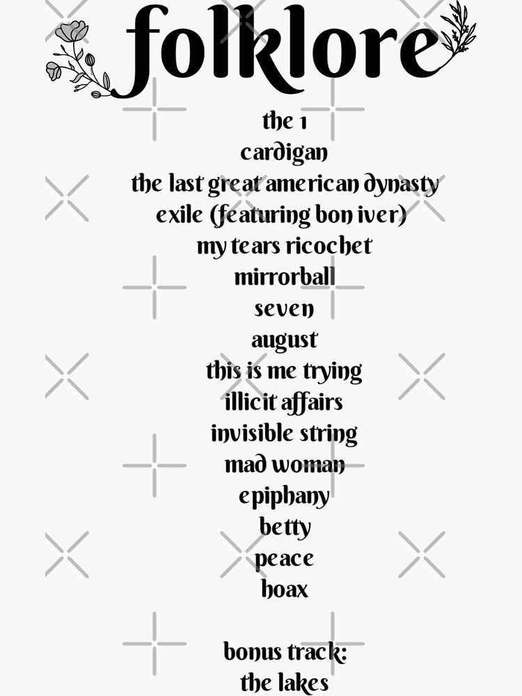 "Folklore tracklist " Sticker by Taylor-Shreya | Redbubble