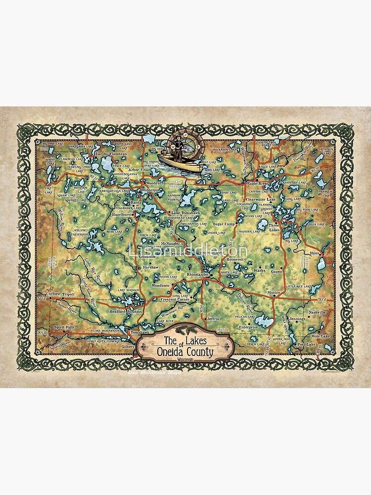 "Lakes Of Oneida County Wisconsin map Eagle River Rhinelander map art ...