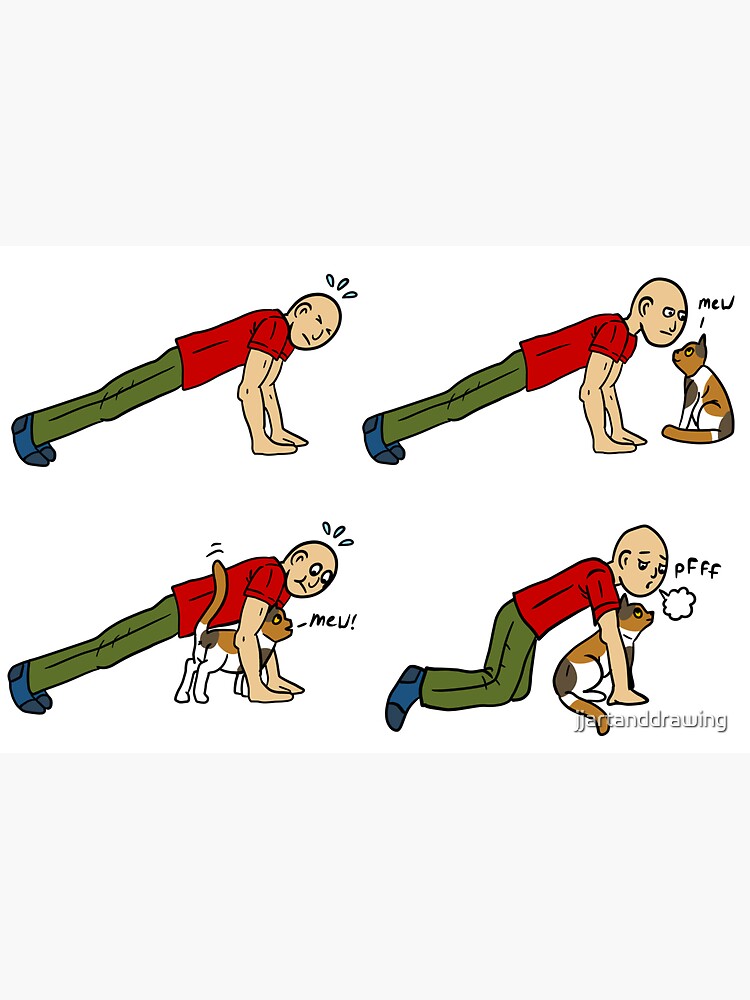 "push ups, exercise with a cat. " Sticker by jjartanddrawing | Redbubble