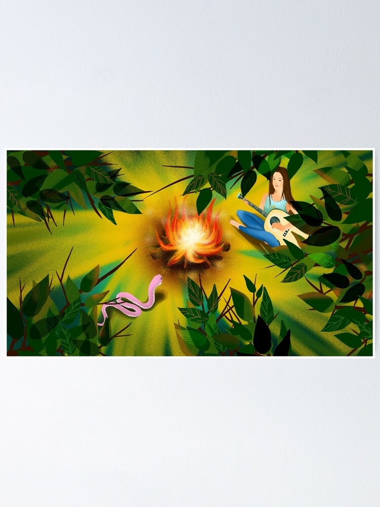 "A young lady playing guitar in the forest at midnight in front of the ...