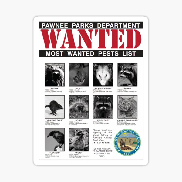 "Pawnee Most Wanted Pests" Sticker by emilymorganlv | Redbubble