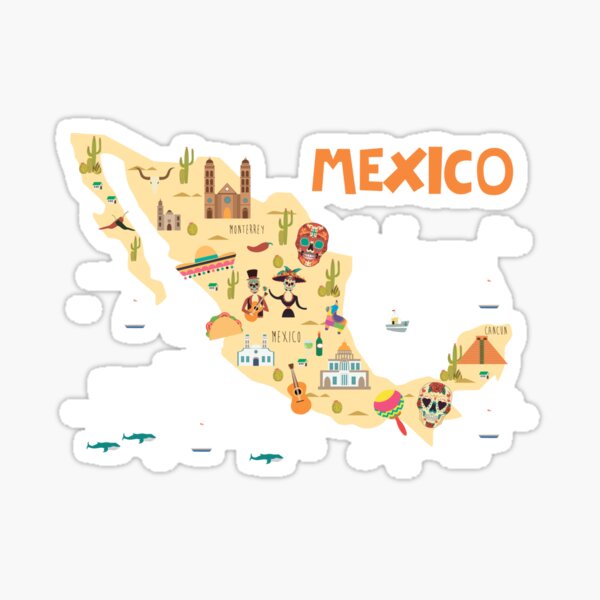 "MEXICO illustrated map" Sticker for Sale by Trio's Stuff | Redbubble