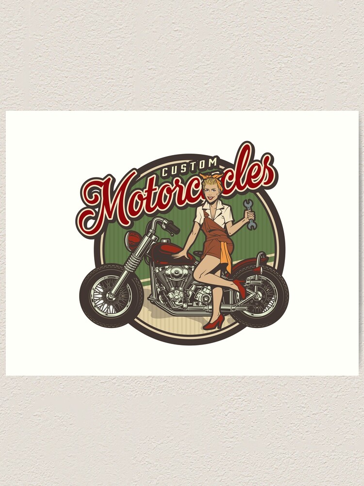 "Vintage Custom Motorcycles Pinup Girl" Art Print for Sale by Vector ...