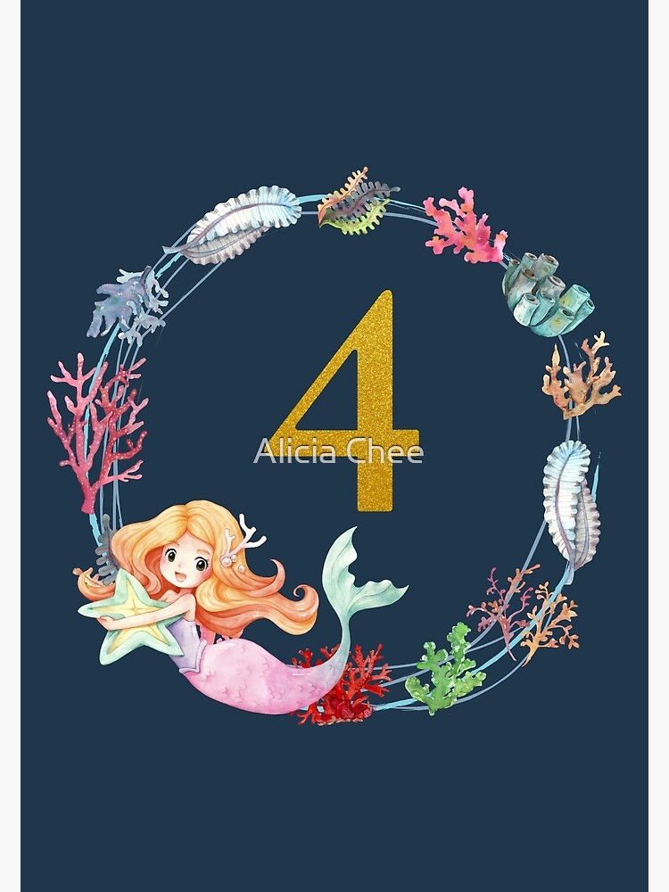 "Cute Mermaid Sea Shell Coral Ocean Wreath Frame Number Four ...