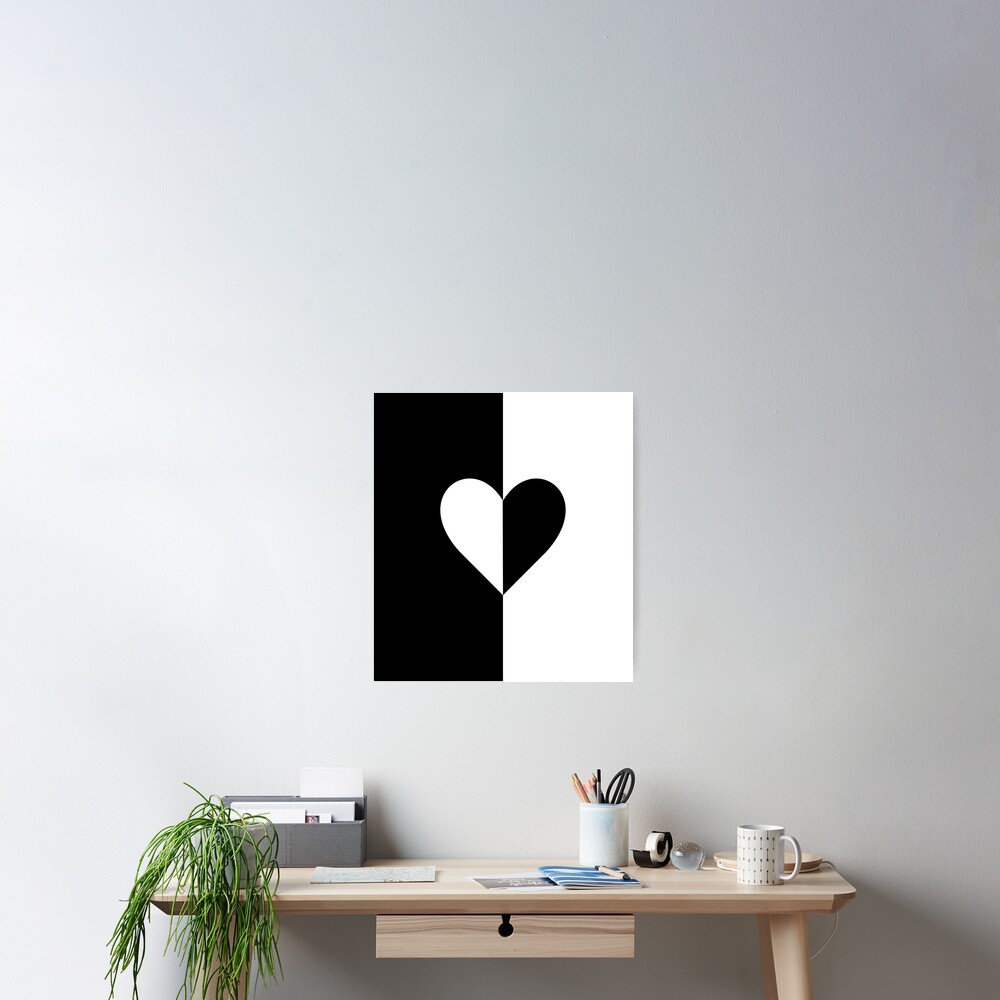 "Half-hearted: Classic Black and White heart inverted colours" Poster ...