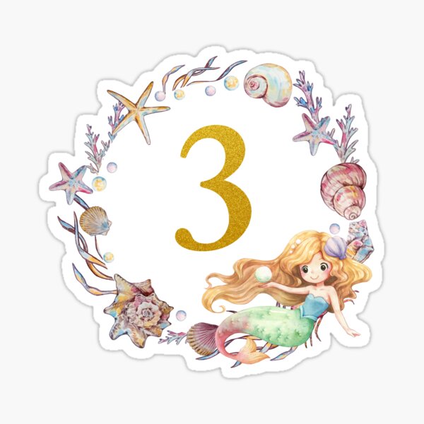 "Cute Mermaid Sea Shell Pearl Ocean Wreath Frame Number Three" Sticker ...