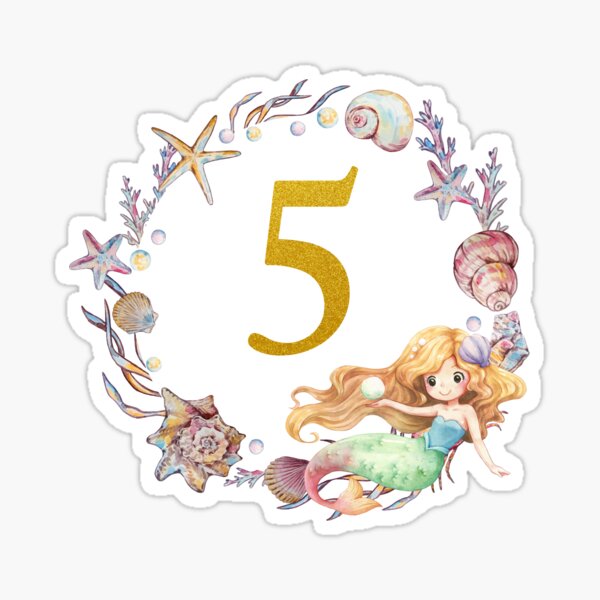 "Cute Mermaid Sea Shell Pearl Ocean Wreath Frame Number Five" Sticker ...