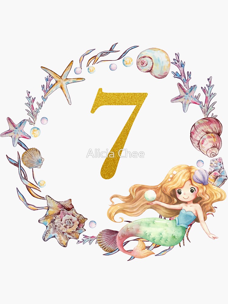 "Cute Mermaid Sea Shell Pearl Ocean Wreath Frame Number Seven" Sticker ...